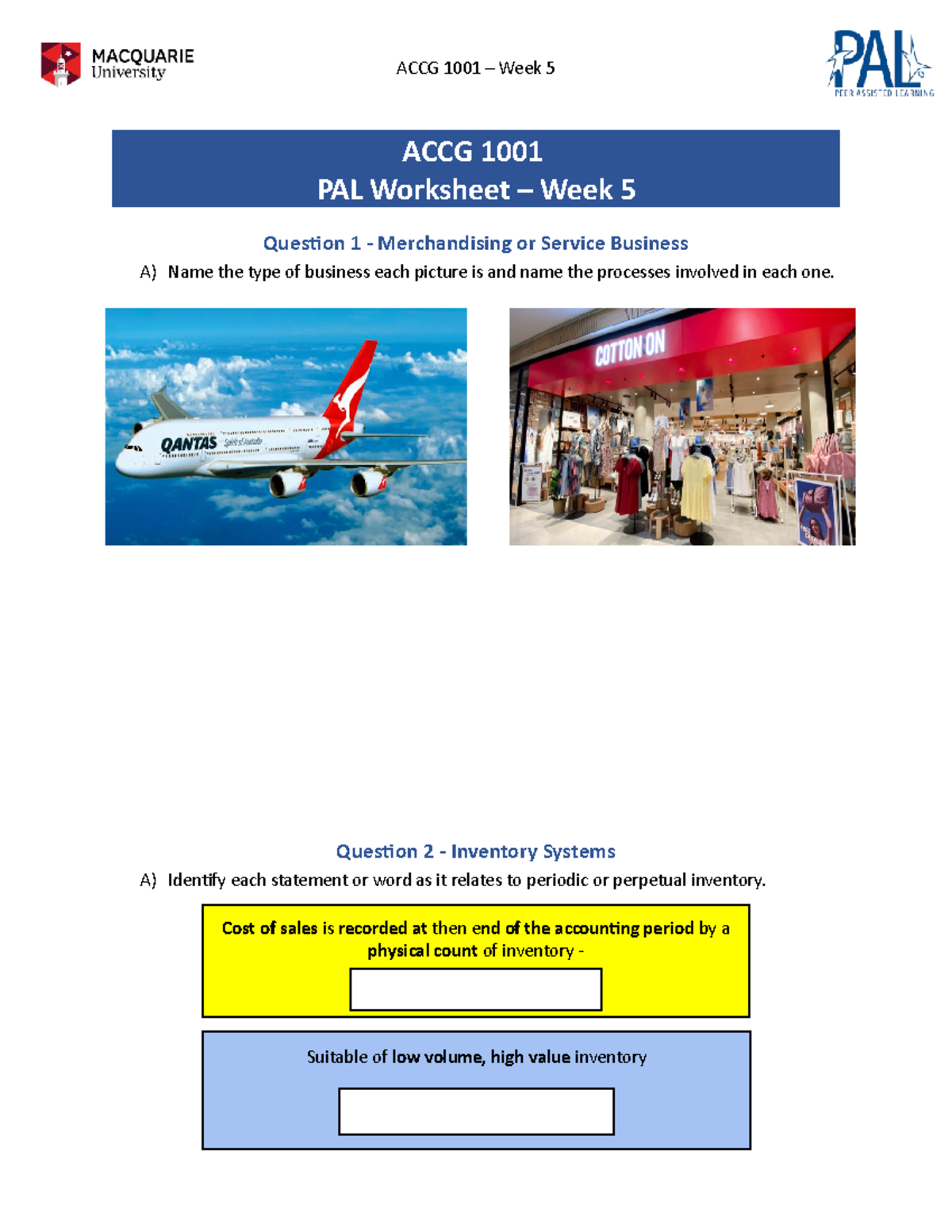 ACCG 1001 PAL Worksheet Week 5 - ACCG 1001 PAL Worksheet – Week 5 ...