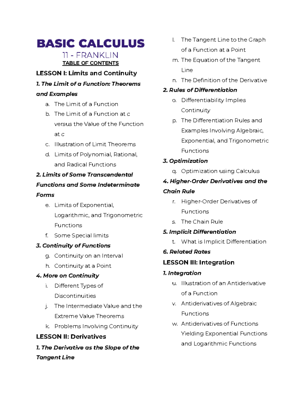Basic Calculus Reviewer - BASIC CALCULUS 11 - FRANKLIN TABLE OF ...