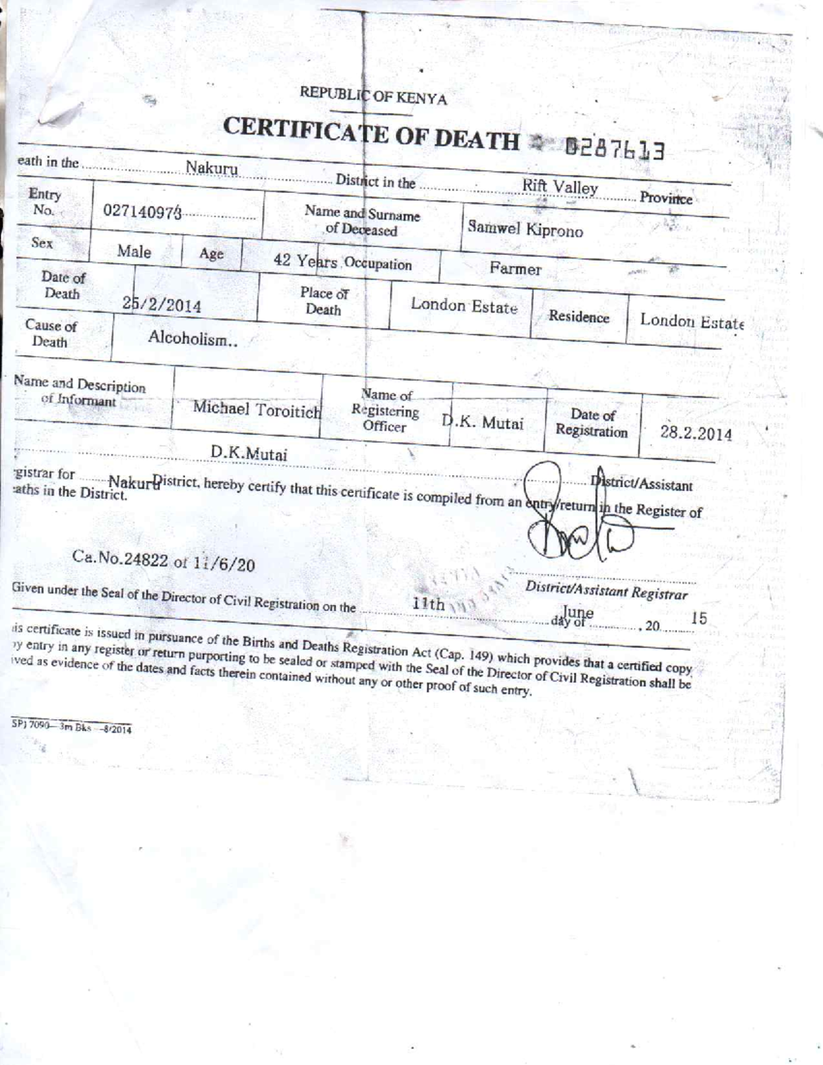 DDD - notes - REPUBLIC OF KENYA CERTIFICATE OF DEATH 0287613 eath in ...