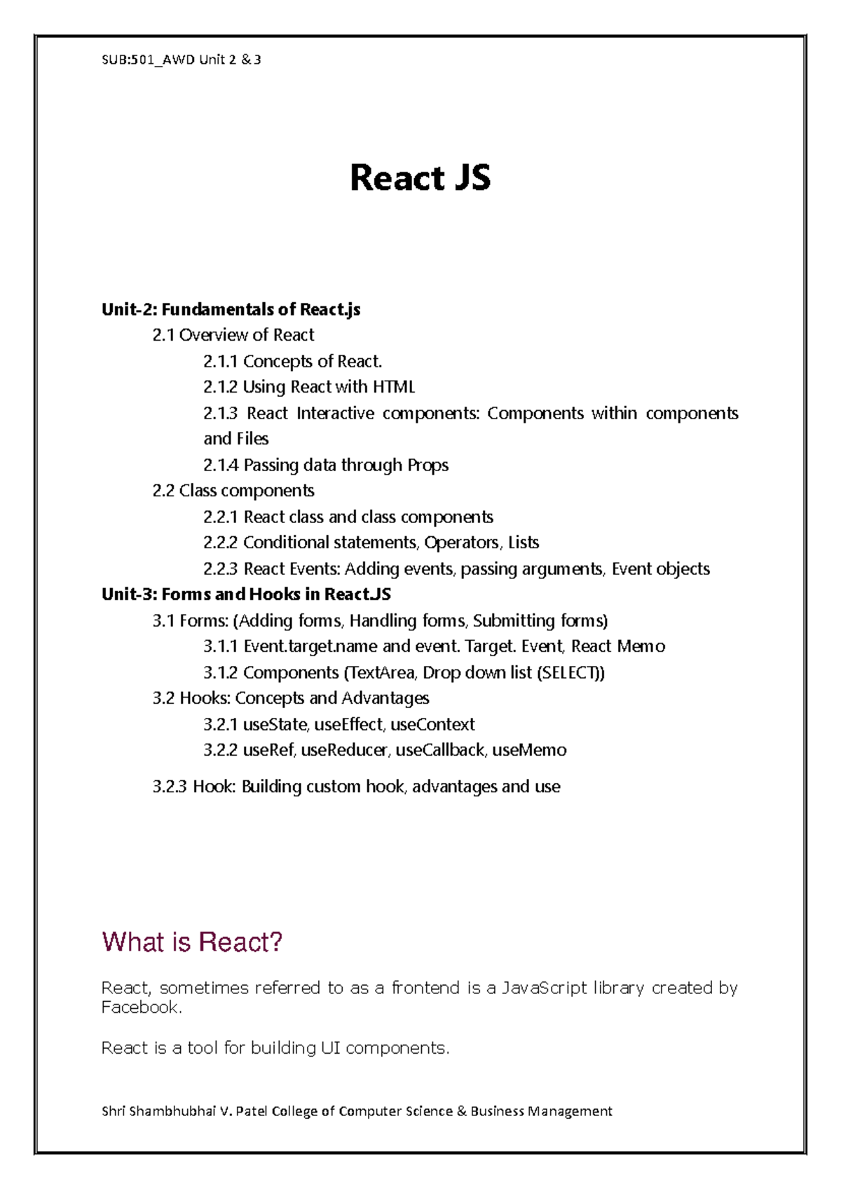 React Unit 2 & 3 - RWGGEFVEFV - React JS Unit-2: Fundamentals of React ...