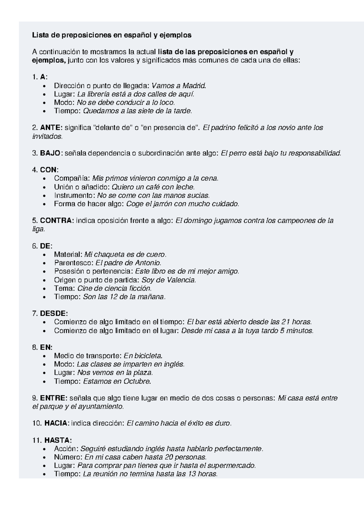 Lista de preposiciones en español y ejemplos - Lista de preposiciones ...