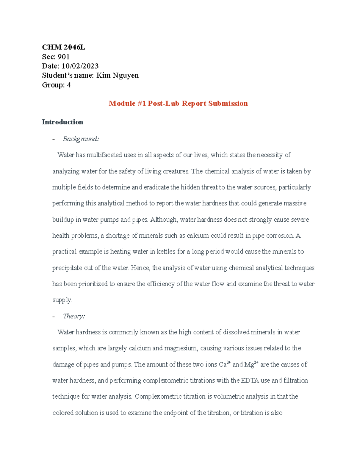 CHM2046L Module 1 Post Lab Submission - CHM 204 6 L Sec: 901 Date: 10 ...
