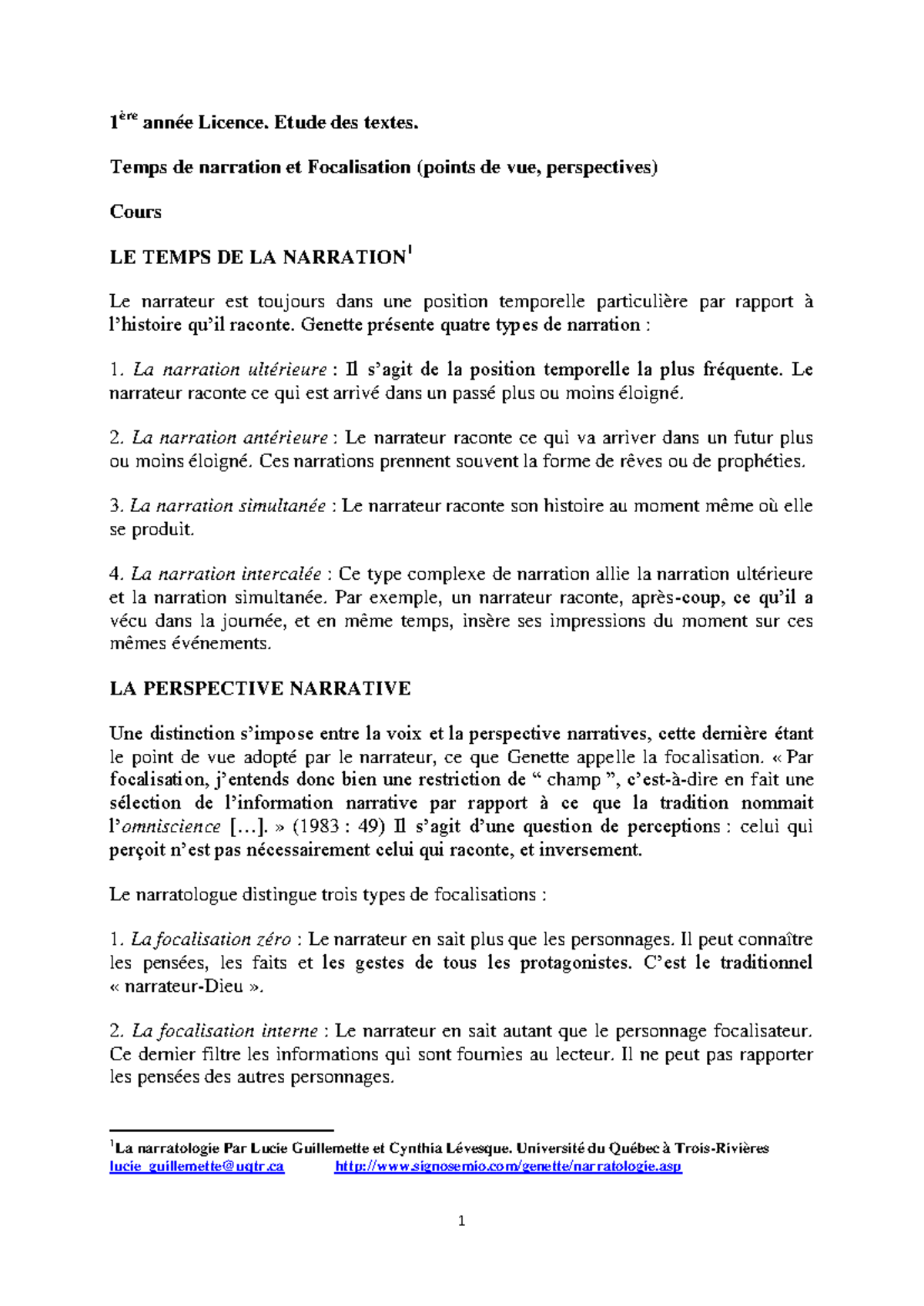 La Narratologie - 1 1 ère année Licence. Etude des textes. Temps de ...
