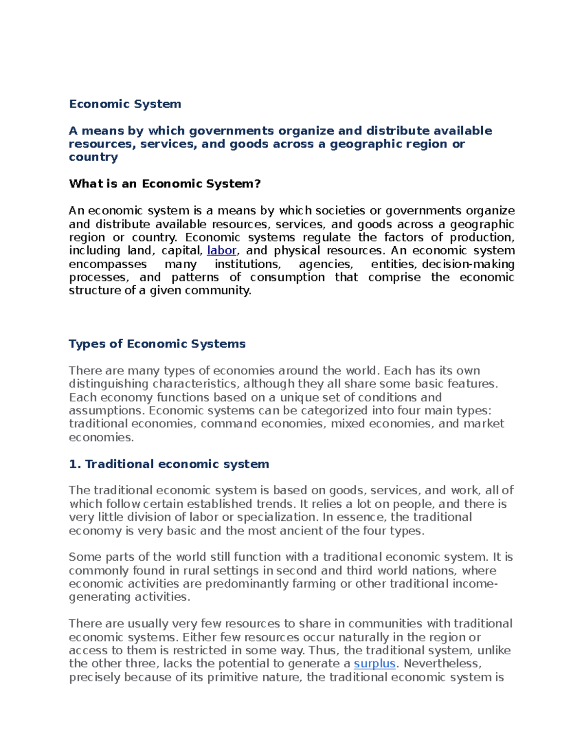 Economic System - Summary Notes - Economic System A means by which ...