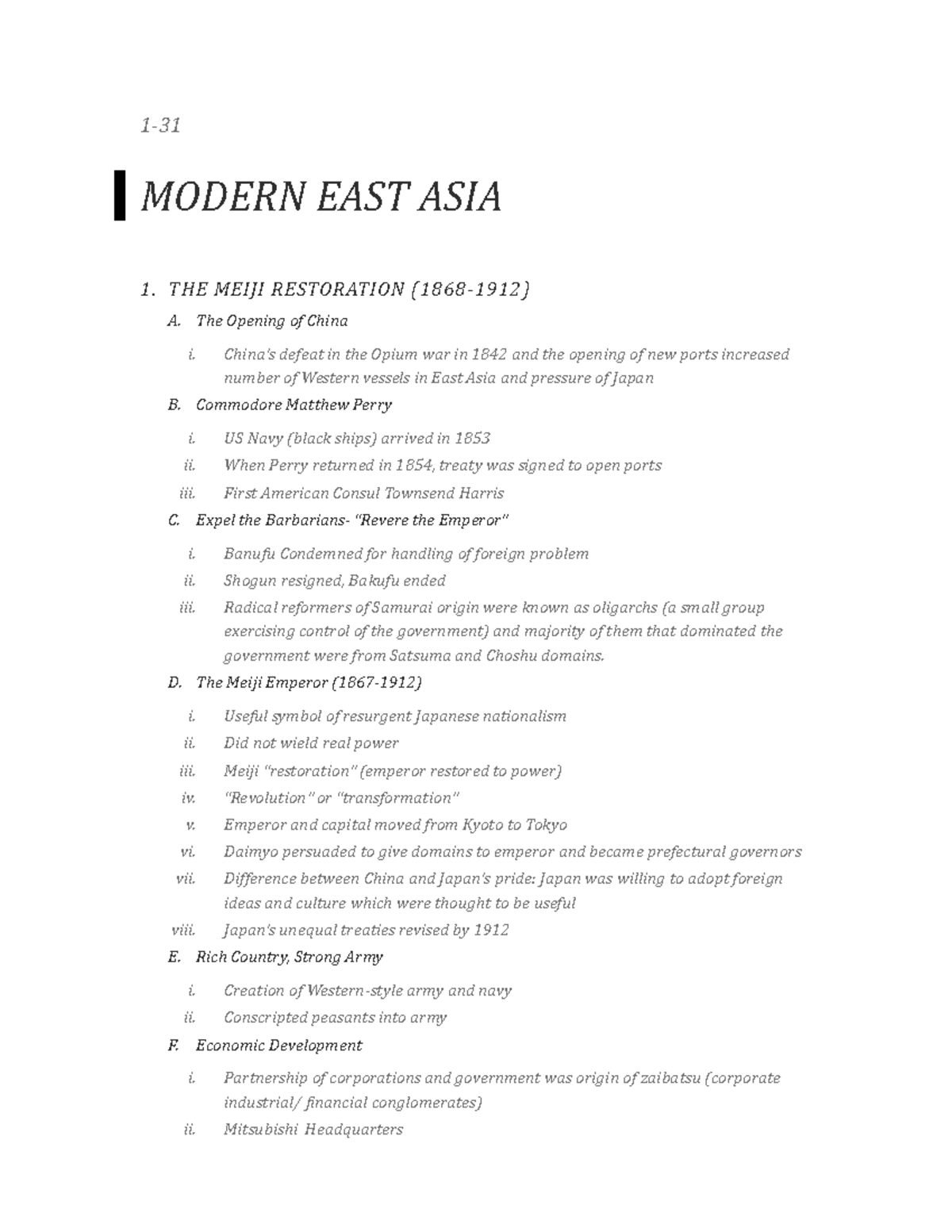 Modern East Asia Notes - 1- MODERN EAST ASIA 1. THE MEIJI RESTORATION ...