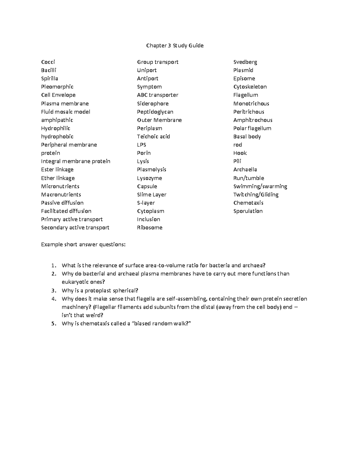Ch 3 Study Guide - Chapter 3 Study Guide Cocci Bacilli Spirilla Pleomorphic Cell Envelope Plasma ...