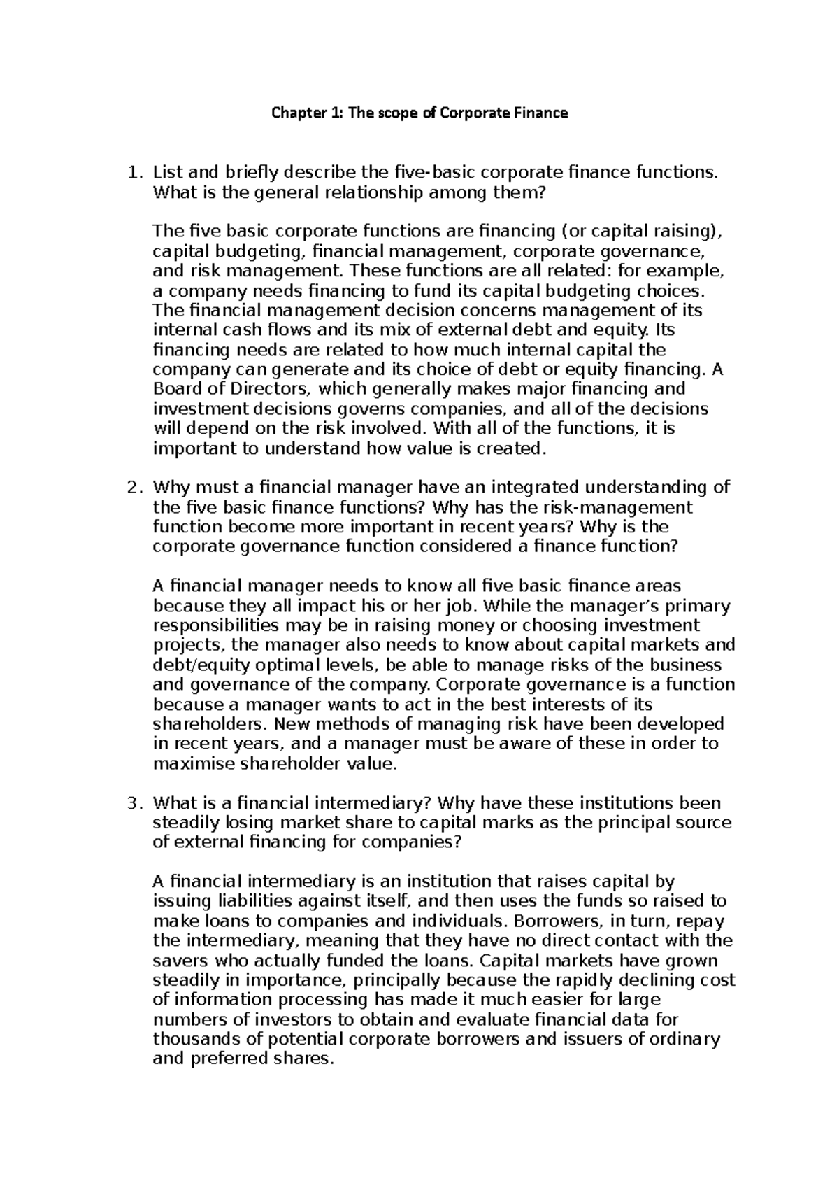 FIN 510 final Tutorial Answer - Chapter 1: The scope of Corporate ...