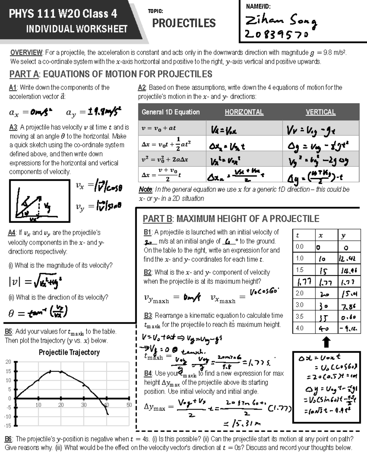PHYS111 W20 Worksheet 04 Individual Projectiles Handout - Warning: TT: undefined function: 32 ...