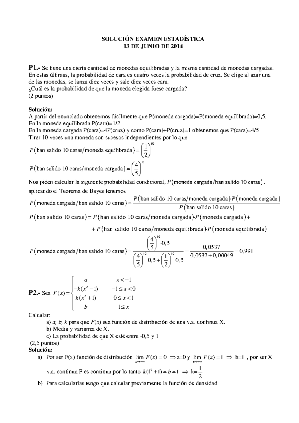 Examen junio 2014, preguntas y respuestas - SOLUCIÓN EXAMEN ESTADÍSTICA 13 DE JUNIO DE 2014 P1 ...