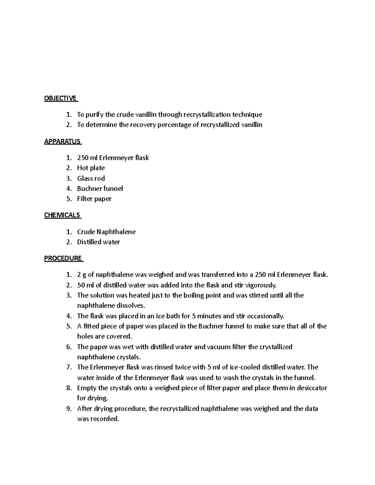 Chm 258 experiment 2 - laboratory report - OBJECTIVE To purify the crude vanillin through - Studocu