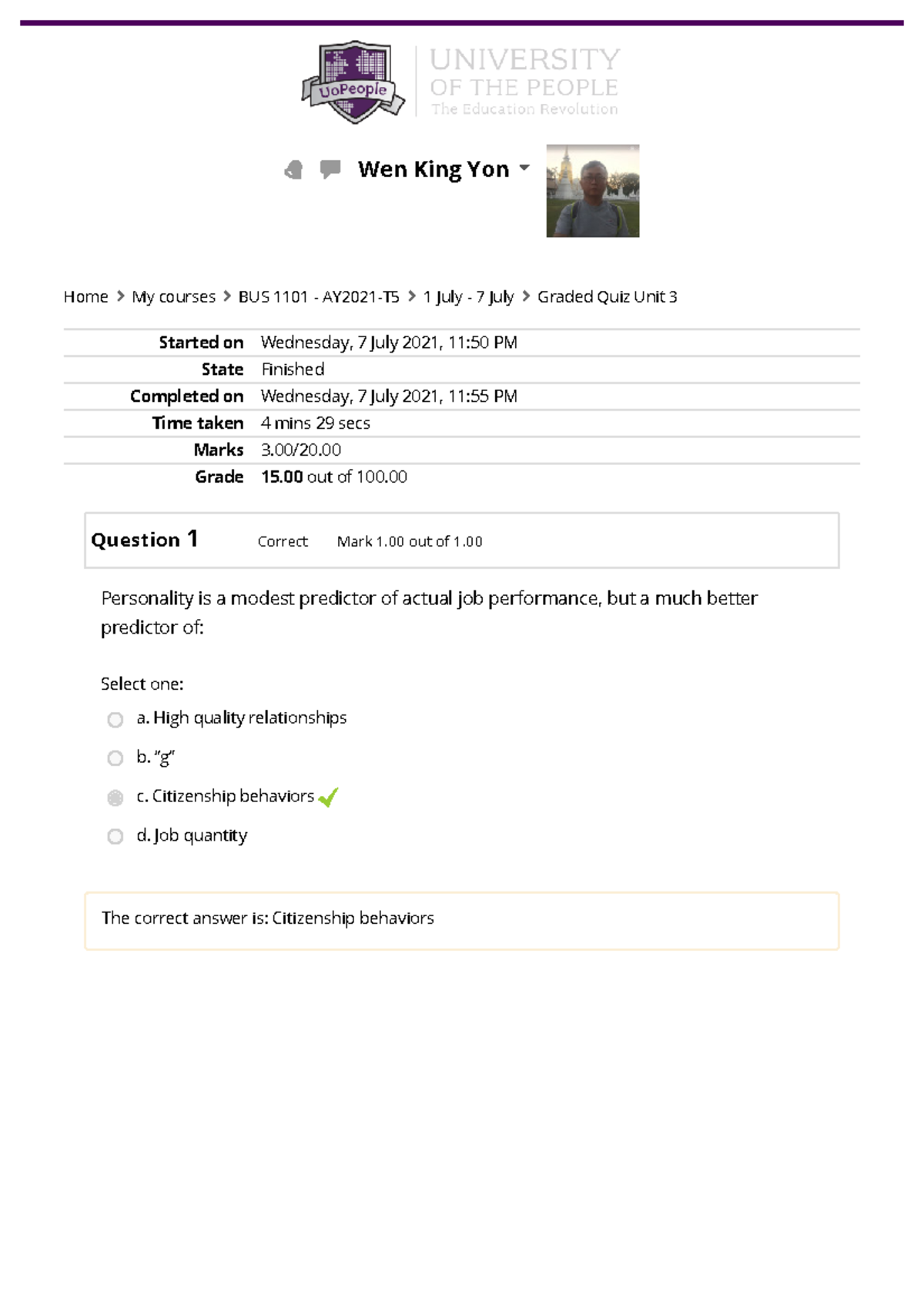 Graded Quiz Unit 3 Attempt review - Started on Wednesday, 7 July 2021 ...