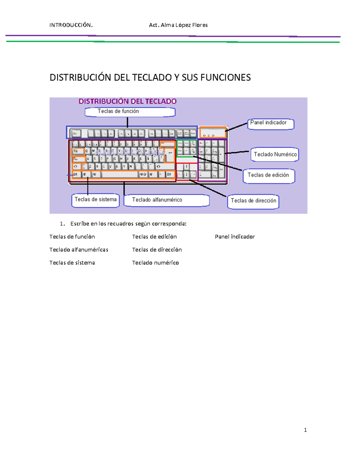 Distribución del teclado y sus funciones - INTRODUCCIÓN. Act. Alma ...