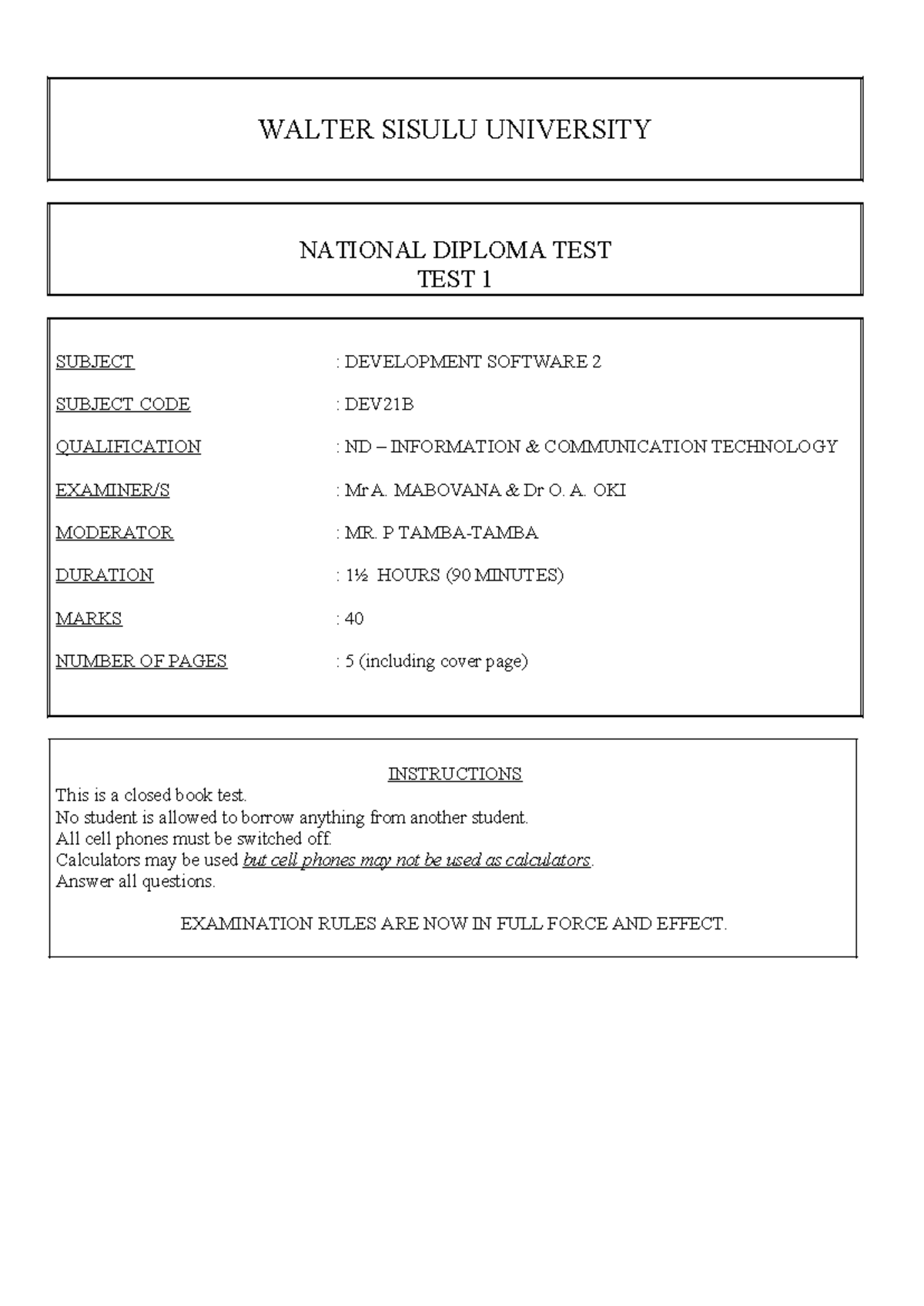 2020 Dev2 Test1 Walter Sisulu University National Diploma Test Test 1