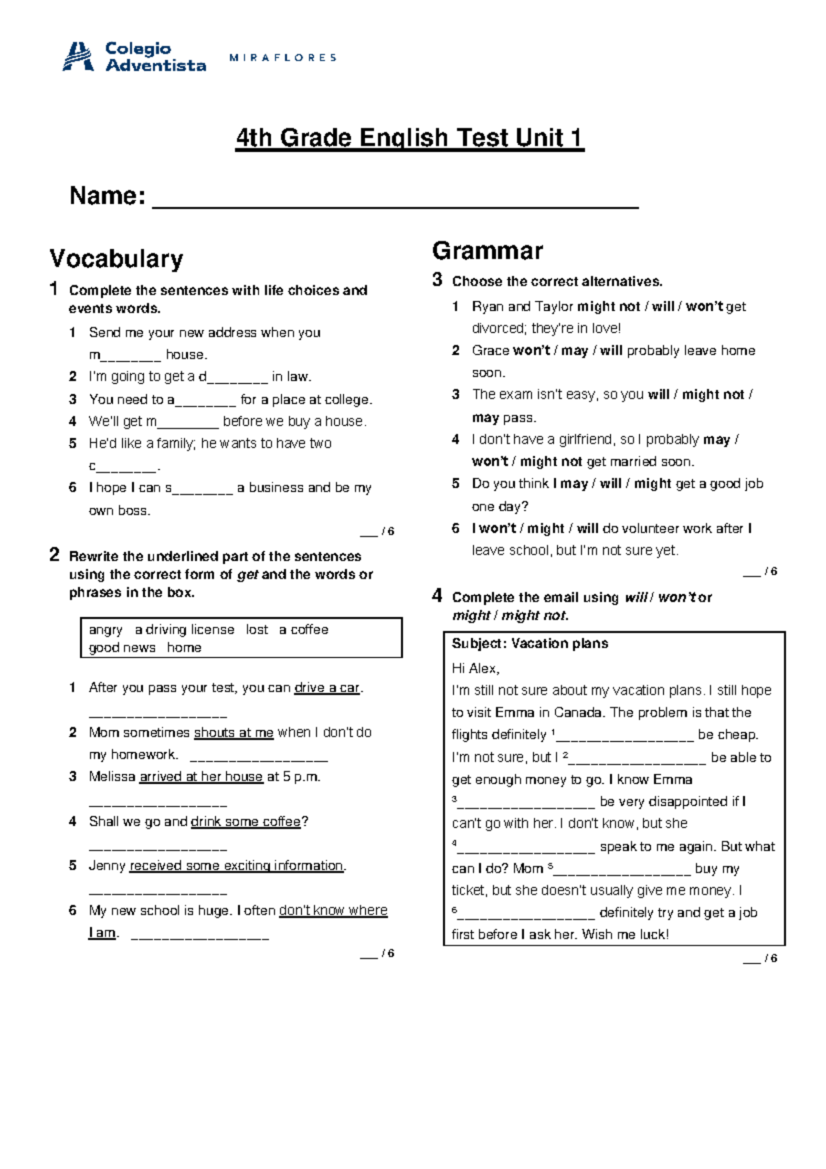 (L4) 4to unit 1 test - OXFORD EXAMEN - Vocabulary 1 Complete the ...