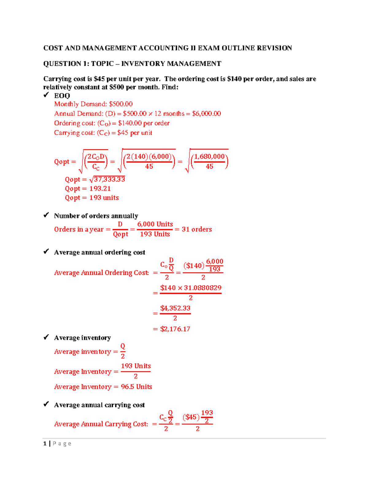 COST AND Management Accounting II EXAM Outline Revision 1 - COST AND ...