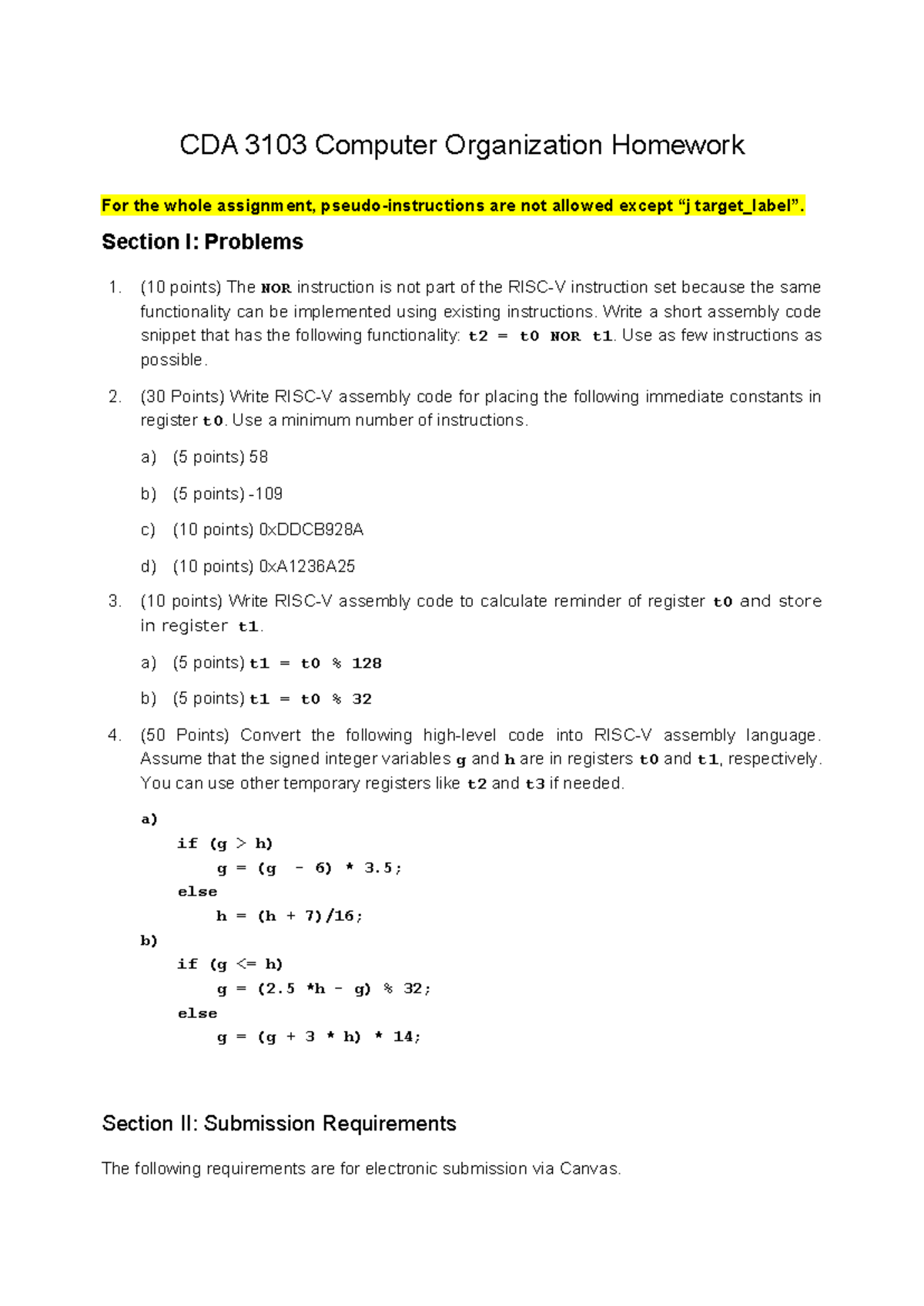 CDA 3103 Module 4 (RISC-V) Assignment I F24 - CDA 3103 Computer Organization Homework For the ...