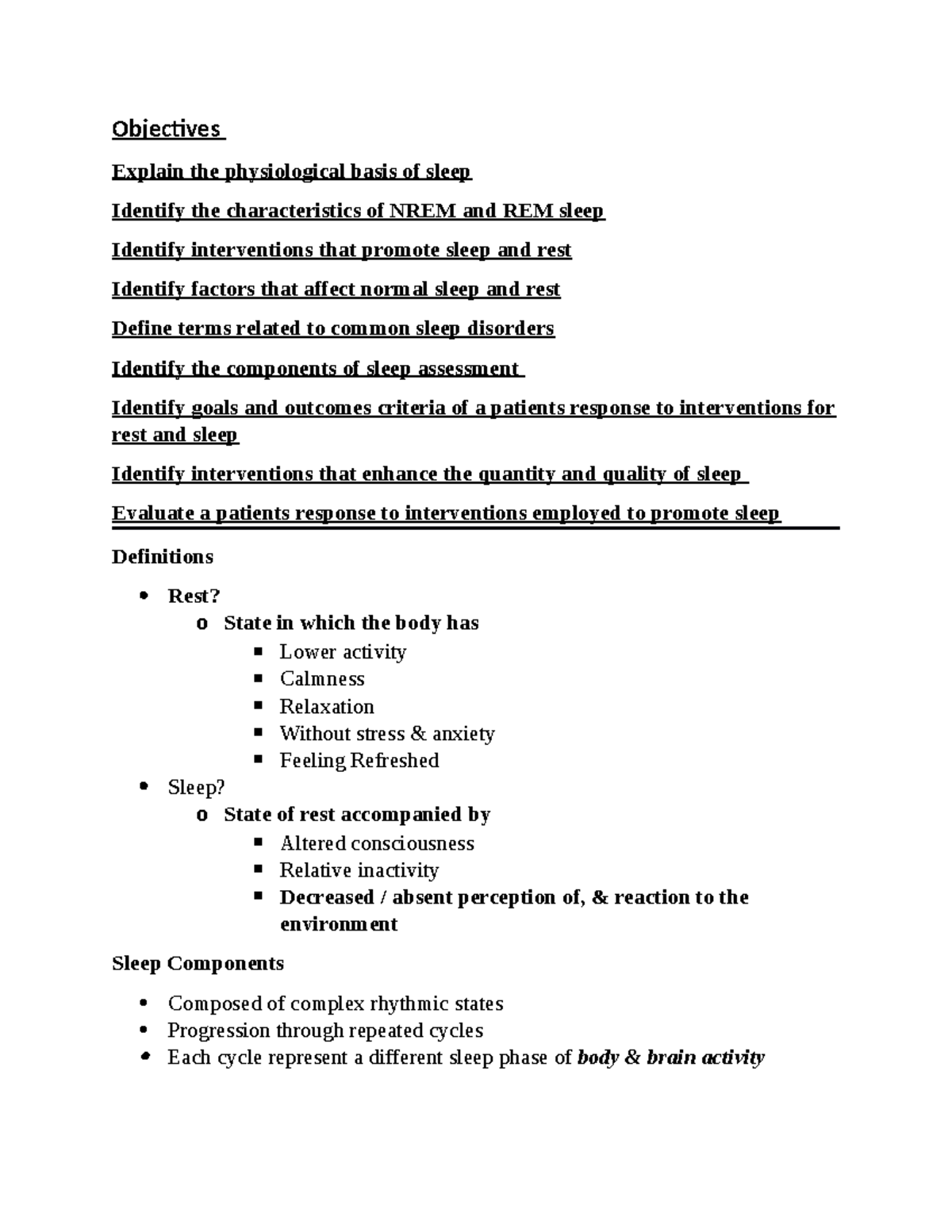 Rest and Sleep - Lecture notes - Objectives Explain the physiological ...
