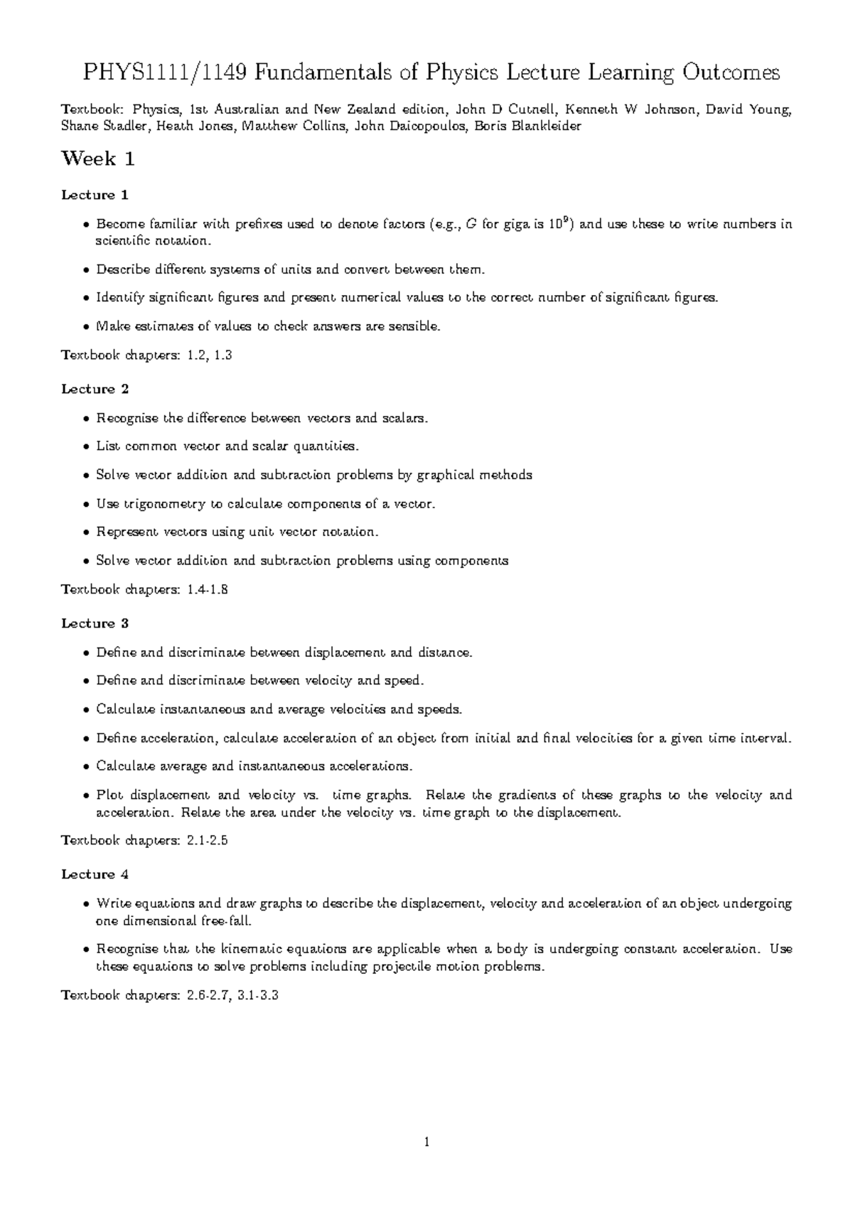 Learning Outcomes - LO for Physics Fundamentals - PHYS1111/1149 ...