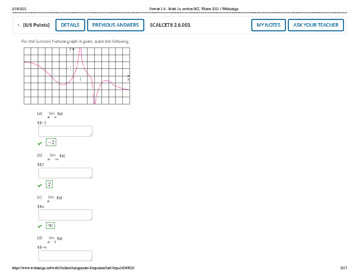 Stewart 2.6 - Math 1a, section 06Z, Winter 2021 Web Assign - For the ...