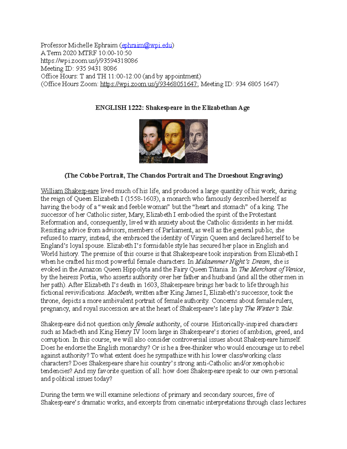 EN 1222 A Term 2020-1-1 - Syllabus - Professor Michelle Ephraim ...