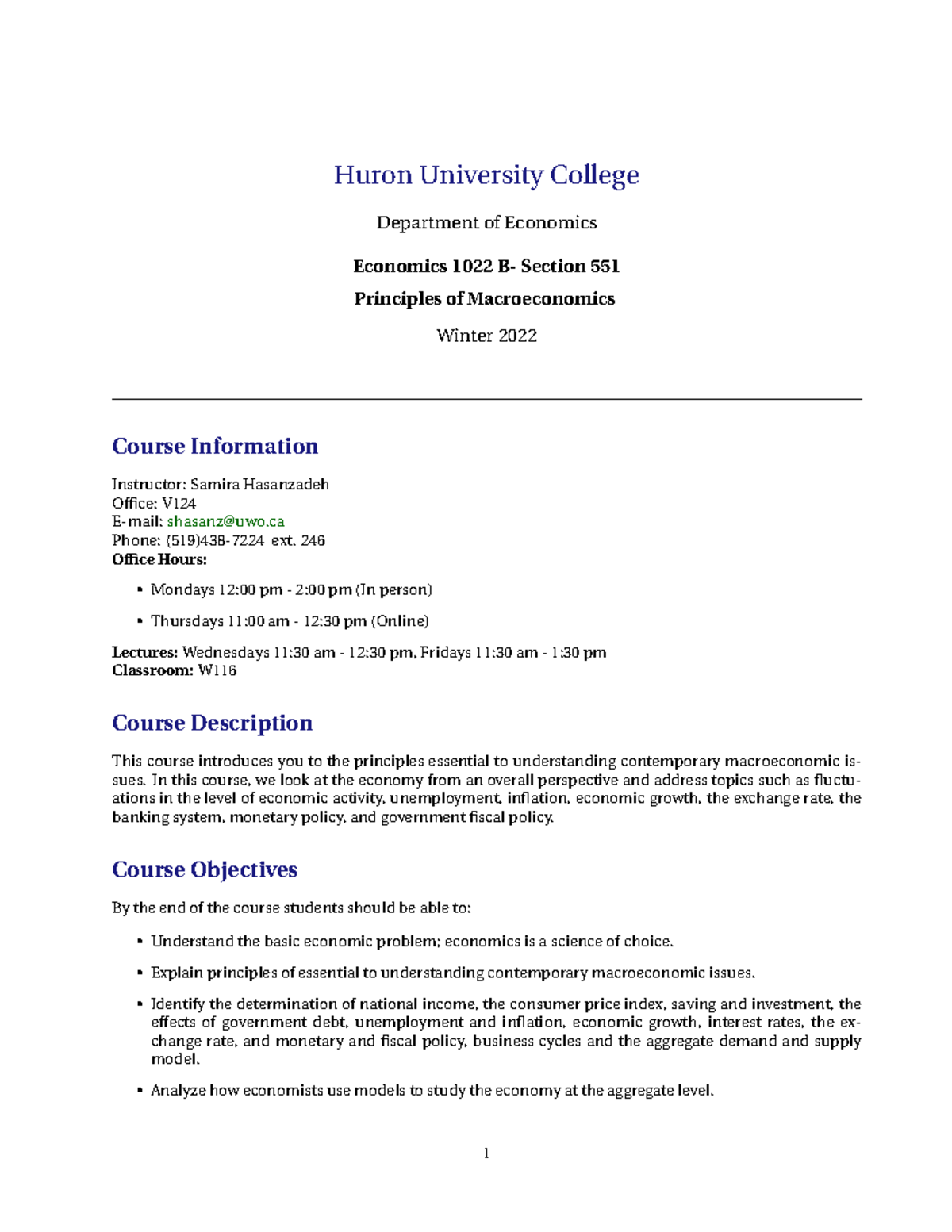 Economics 1022B 551-Outline-W2022 - Huron University College Department ...