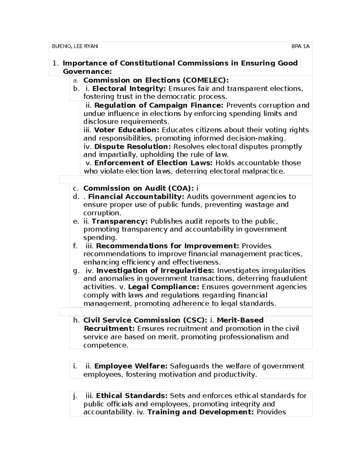 ASSIGNMENT DOCX - BUENO, LEE RYAN BPA 1A 1. Importance of ...