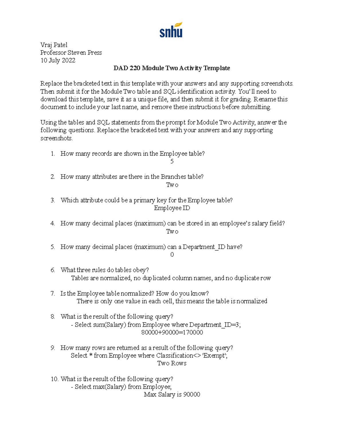 DAD-220 Module 2 Activity - Vraj Patel Professor Steven Press 10 July 2022 DAD 220 Module Two ...