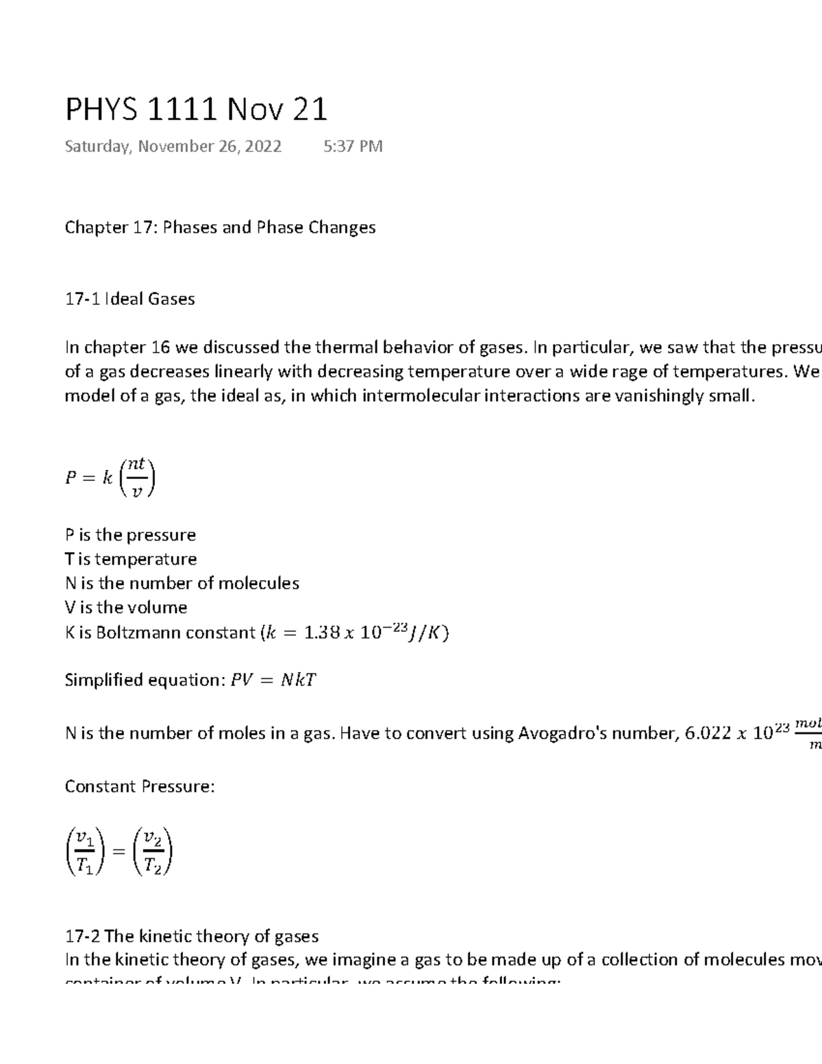 PHYS 1111 Nov 21 - KK Mon - Chapter 17: Phases and Phase Changes 17-1 ...