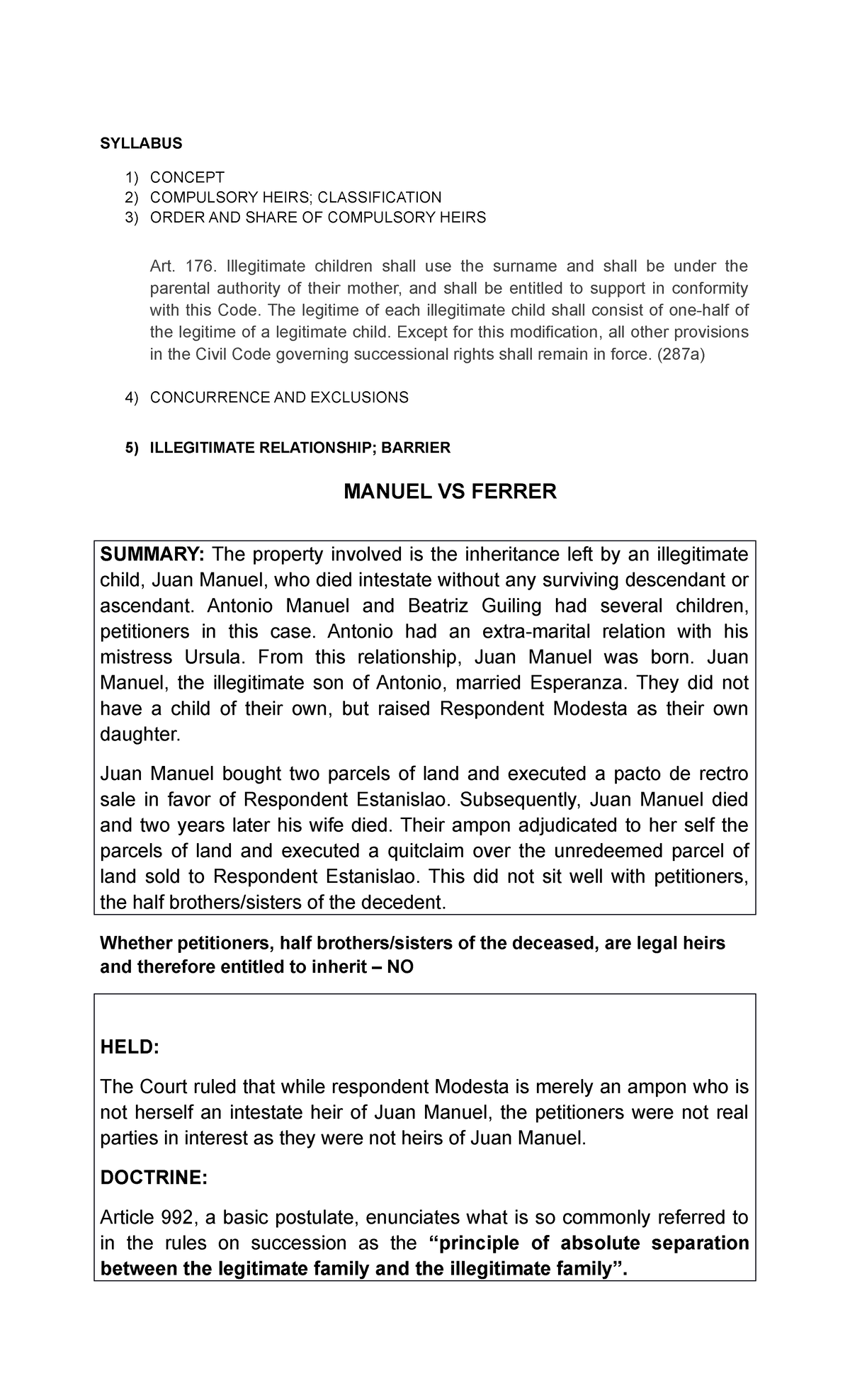 Civil LAW Review Notes ( Legitimes) - SYLLABUS CONCEPT COMPULSORY HEIRS ...