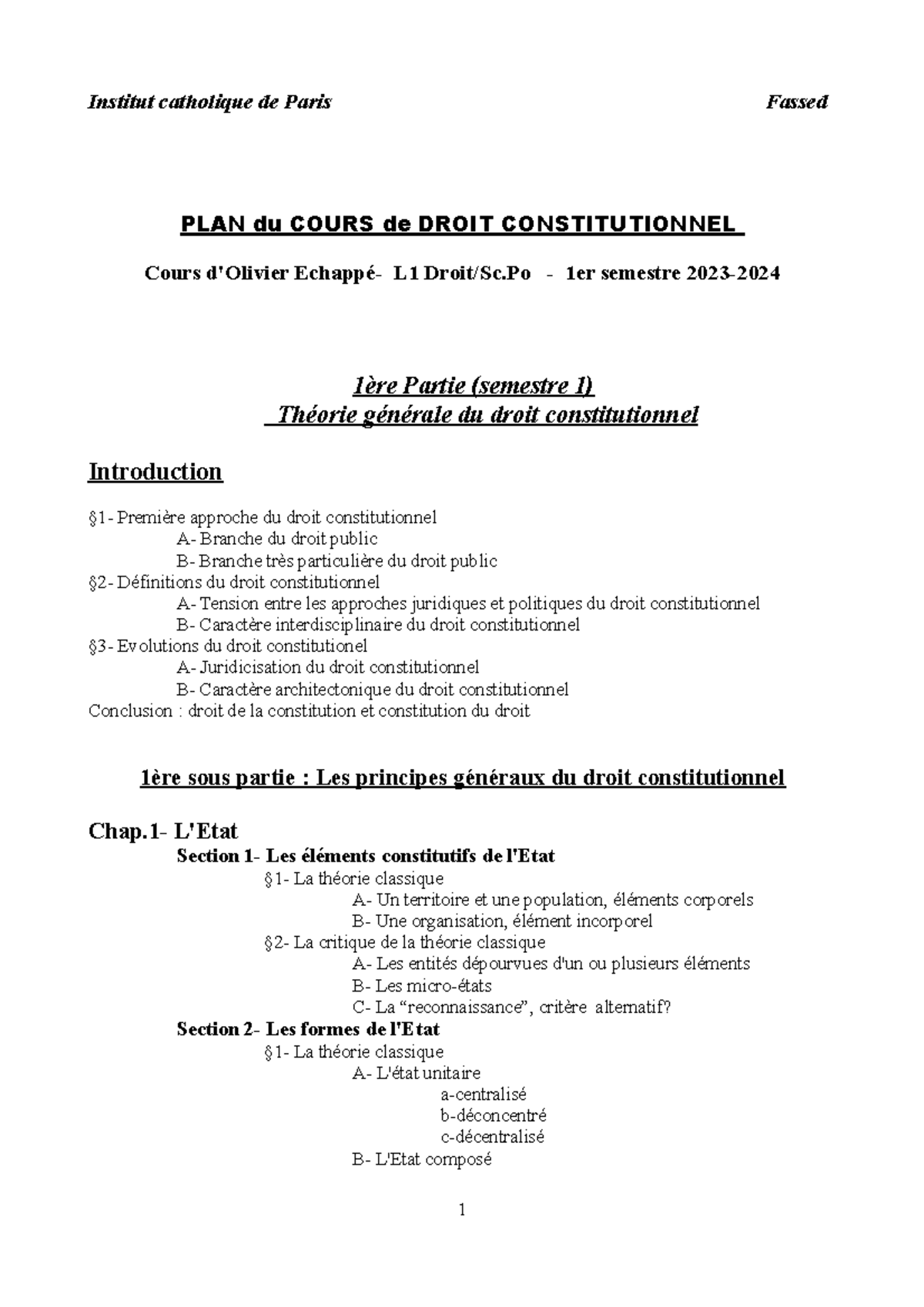 Plan cours droit constit I - Institut catholique de Paris Fassed PLAN du COURS de DROIT - Studocu