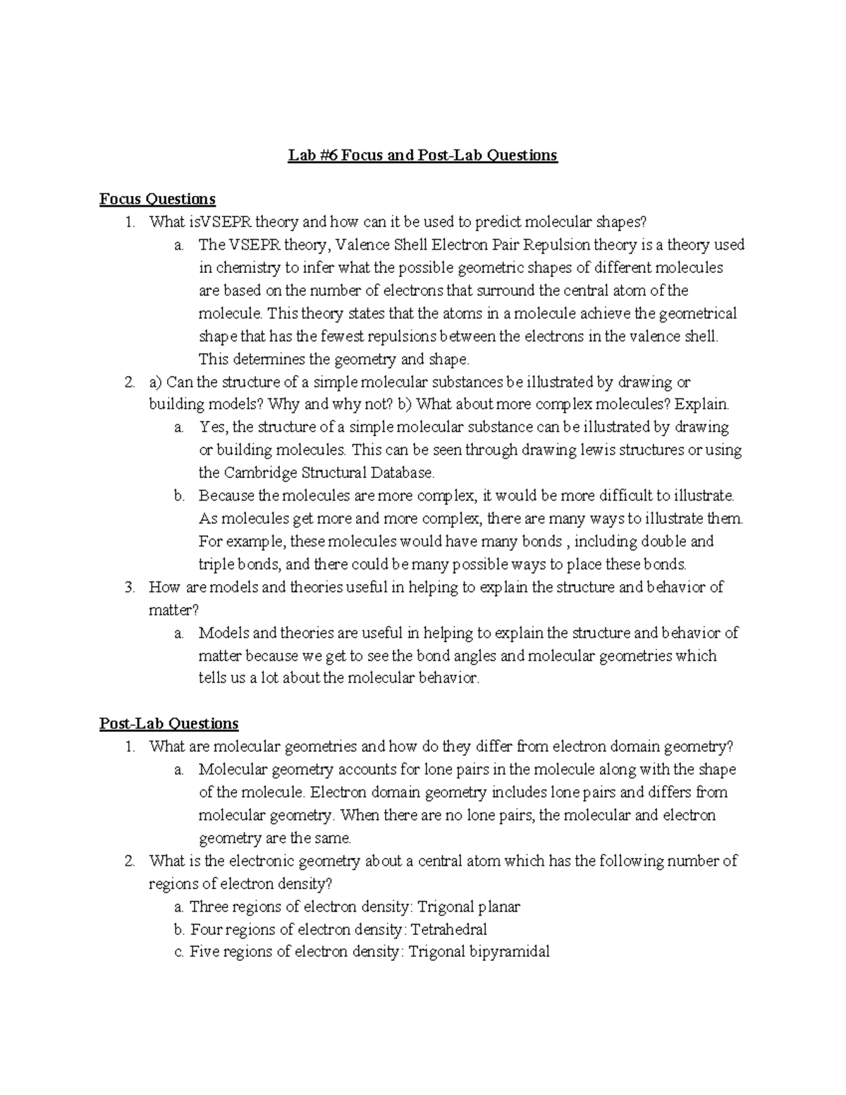 Lab#6Focus And Post-Lab Questions For Chemistry Exam - Lab #6 Focus and ...