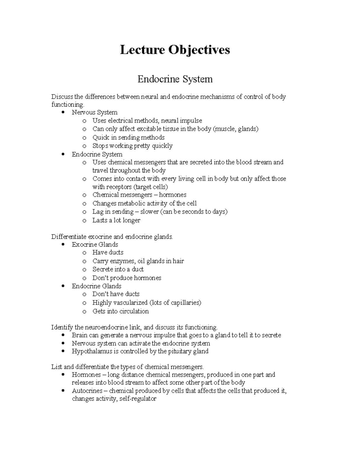 Endocrine - Lecture Objectives Endocrine System Discuss the differences ...