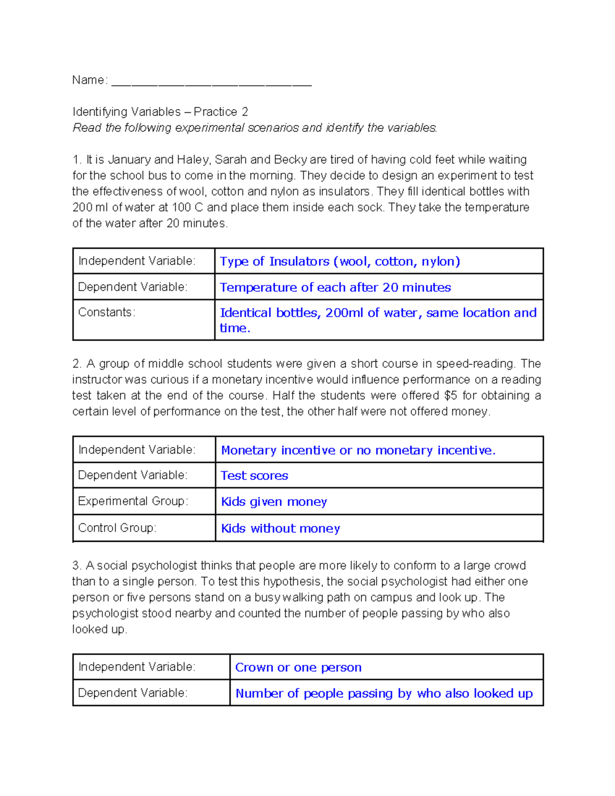 Identifying Variable Practice 2 - Name: ______________________________ Identifying Variables ...