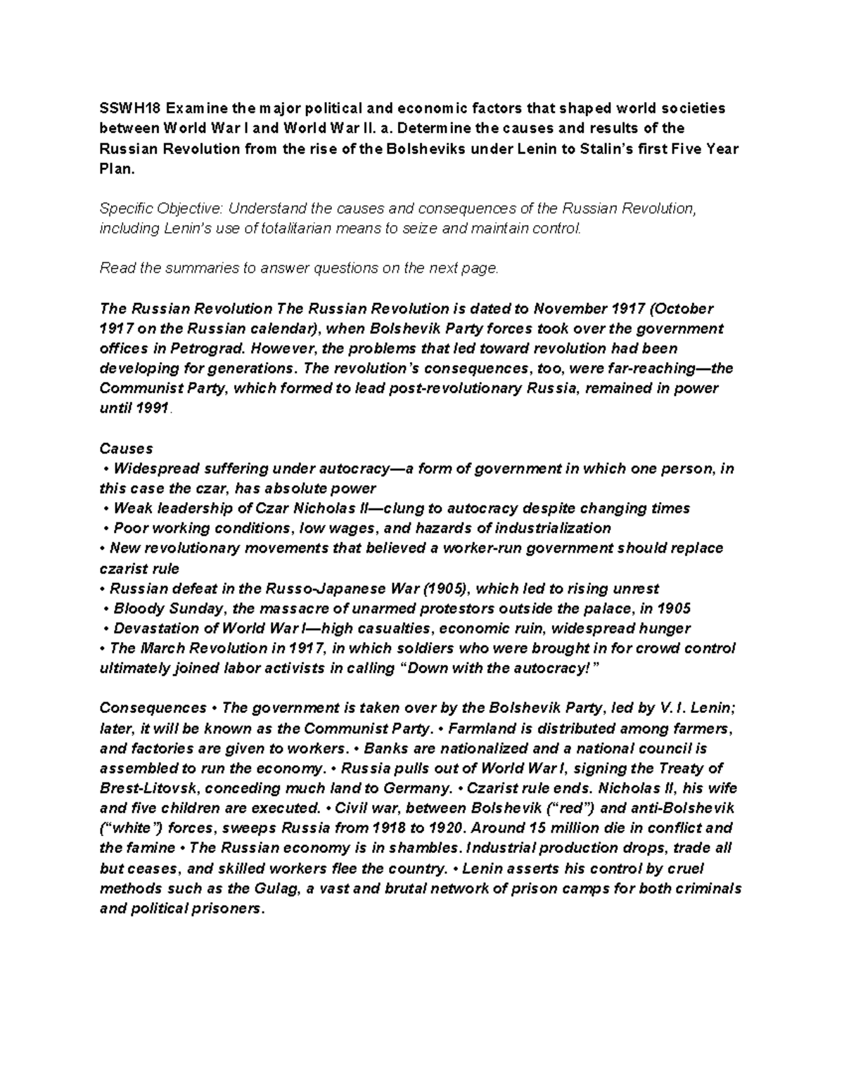 SSWH18 Examine the major political and economic factors that shaped ...