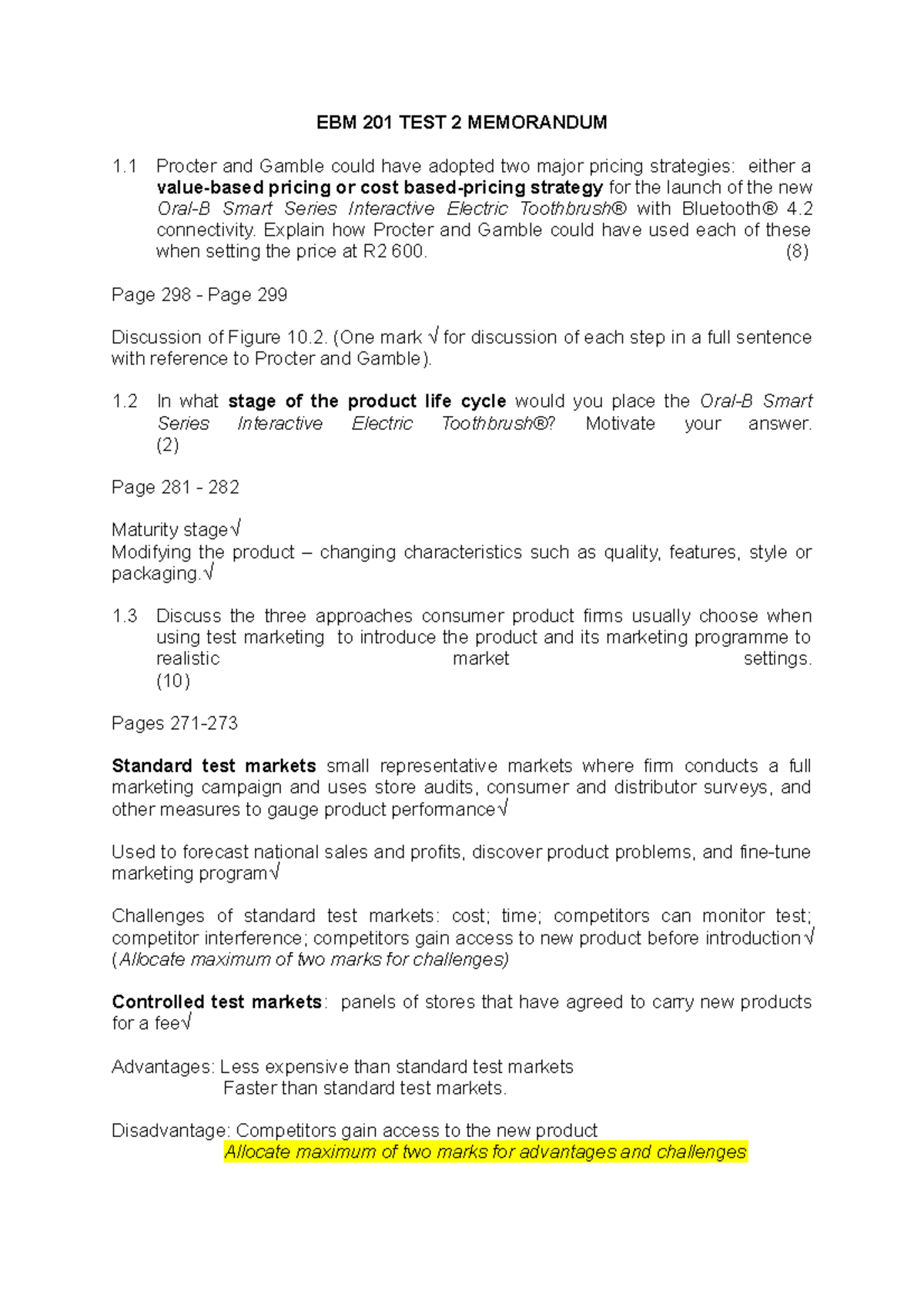 TEST 2 2017 EBM201 MEMO - EBM 201 TEST 2 MEMORANDUM 1 Procter and ...