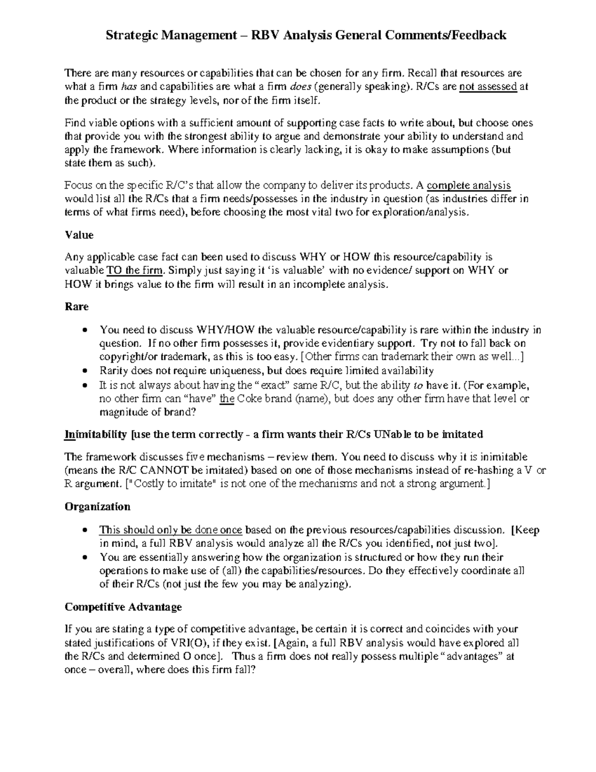 RBV General Comments - Assignment - Strategic Management – RBV Analysis ...