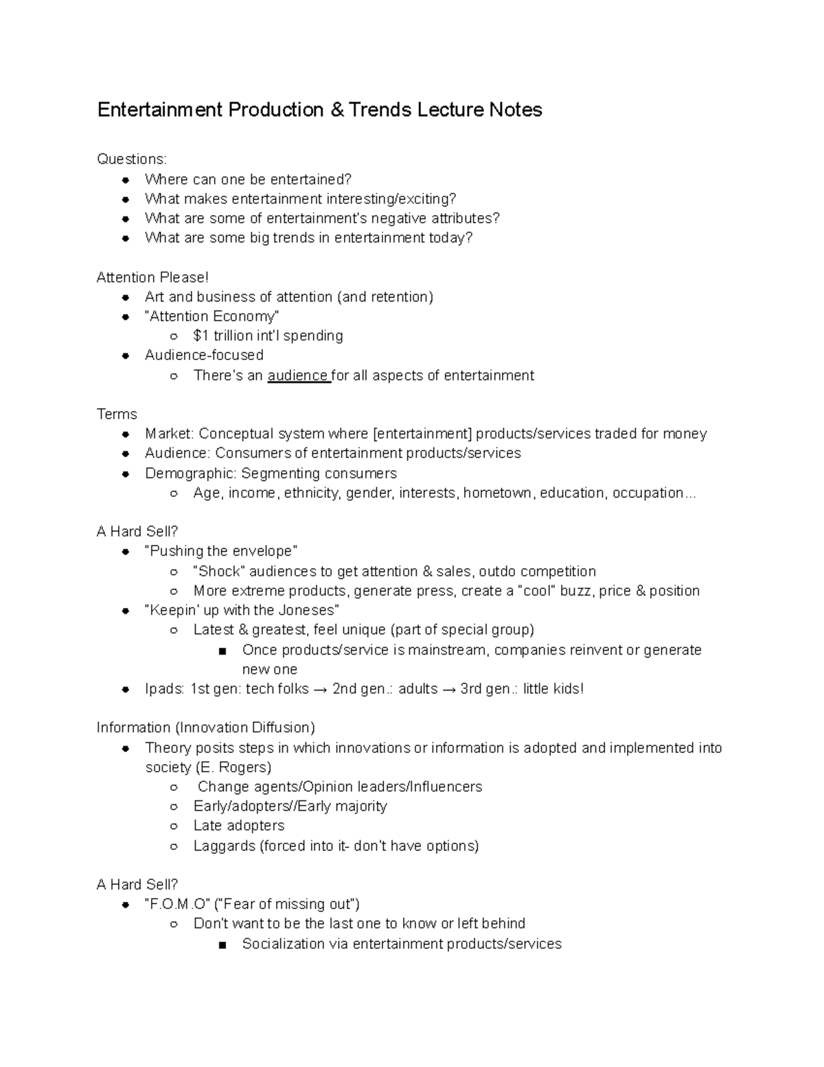 Week 2 Entertainment Production & Trends Lecture Notes - Entertainment ...