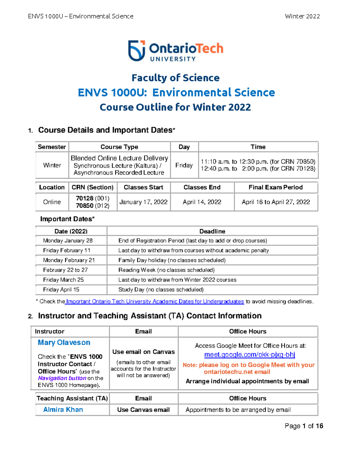 Environmental Science 1000-W2022-Syllabus Environmental Science 1000 ...