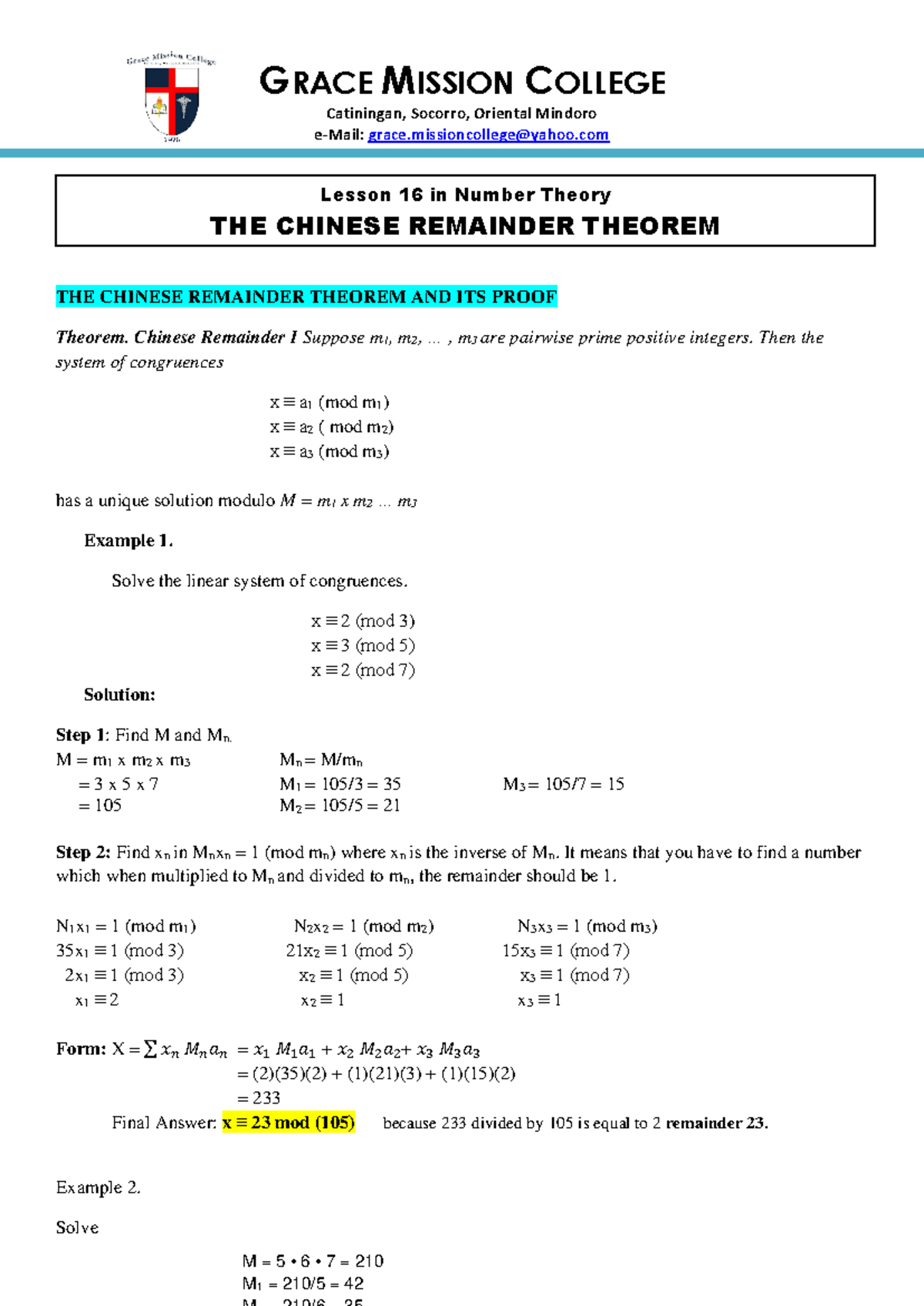 Lesson 16 Number Theory - GRACE MISSION COLLEGE Catiningan, Socorro ...