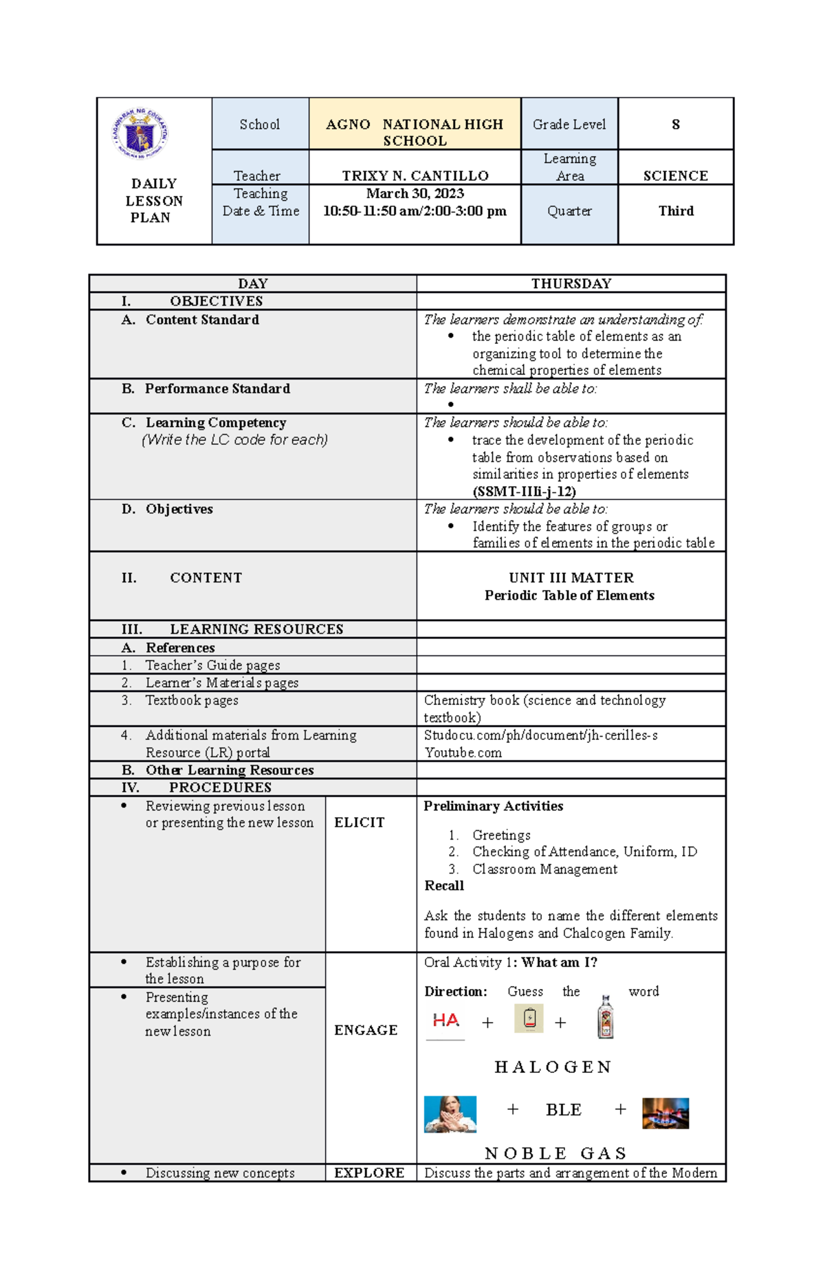 March 30 Thursdayyy - Lesson plan chemistry - DAILY LESSON PLAN School ...