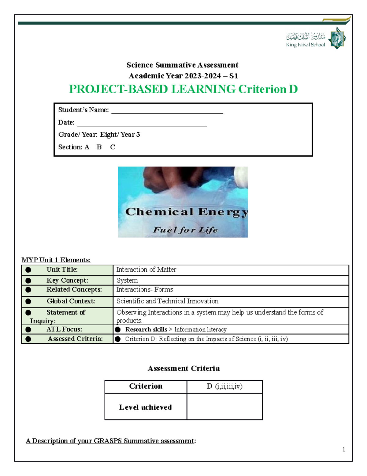 Y3-U1-Criterion D-Project-2023-2024 - Science Summative Assessment ...
