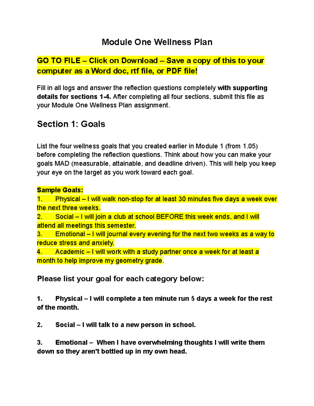 Copy of Module One Wellness Plan - Module One Wellness Plan GO TO FILE ...