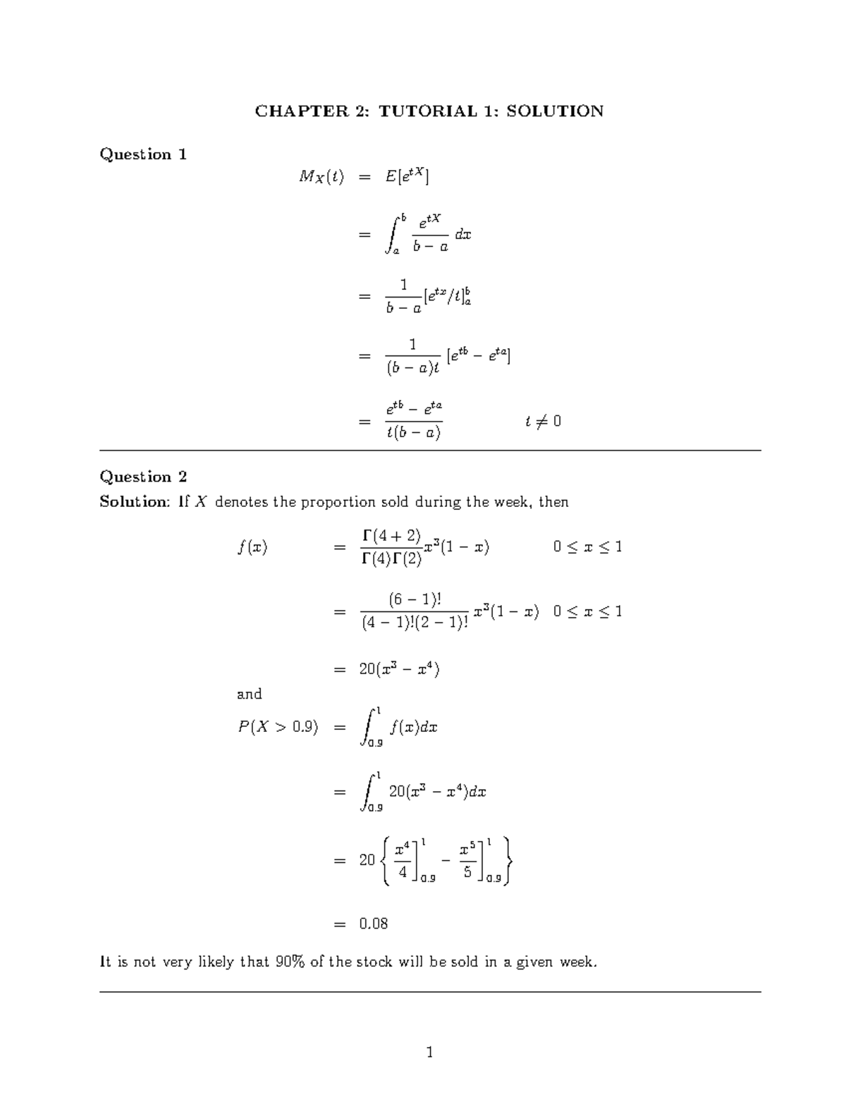 Tutorial 1 Solutions - Chapter2 - CHAPTER 2: TUTORIAL 1: SOLUTION Question 1 MX (t) = E[etX ...