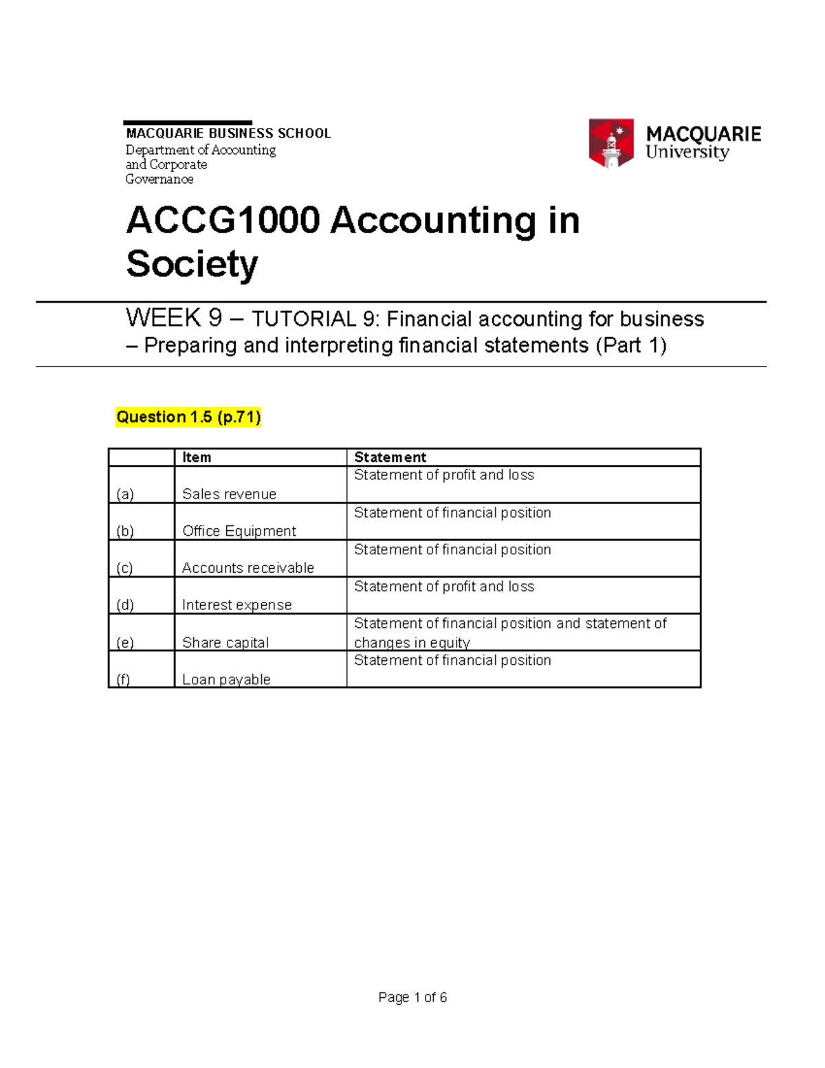 Week 9 Tutorial Workbook - MACQUARIE BUSINESS SCHOOL Department of ...