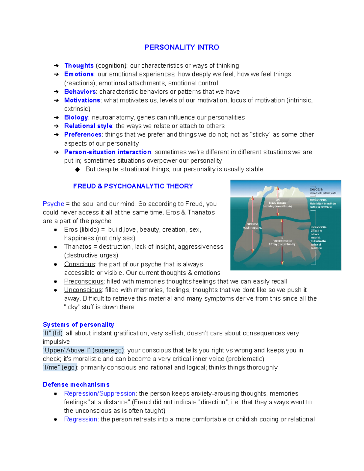Sigmund Freud Notes - PERSONALITY INTRO Thoughts (cognition): our ...