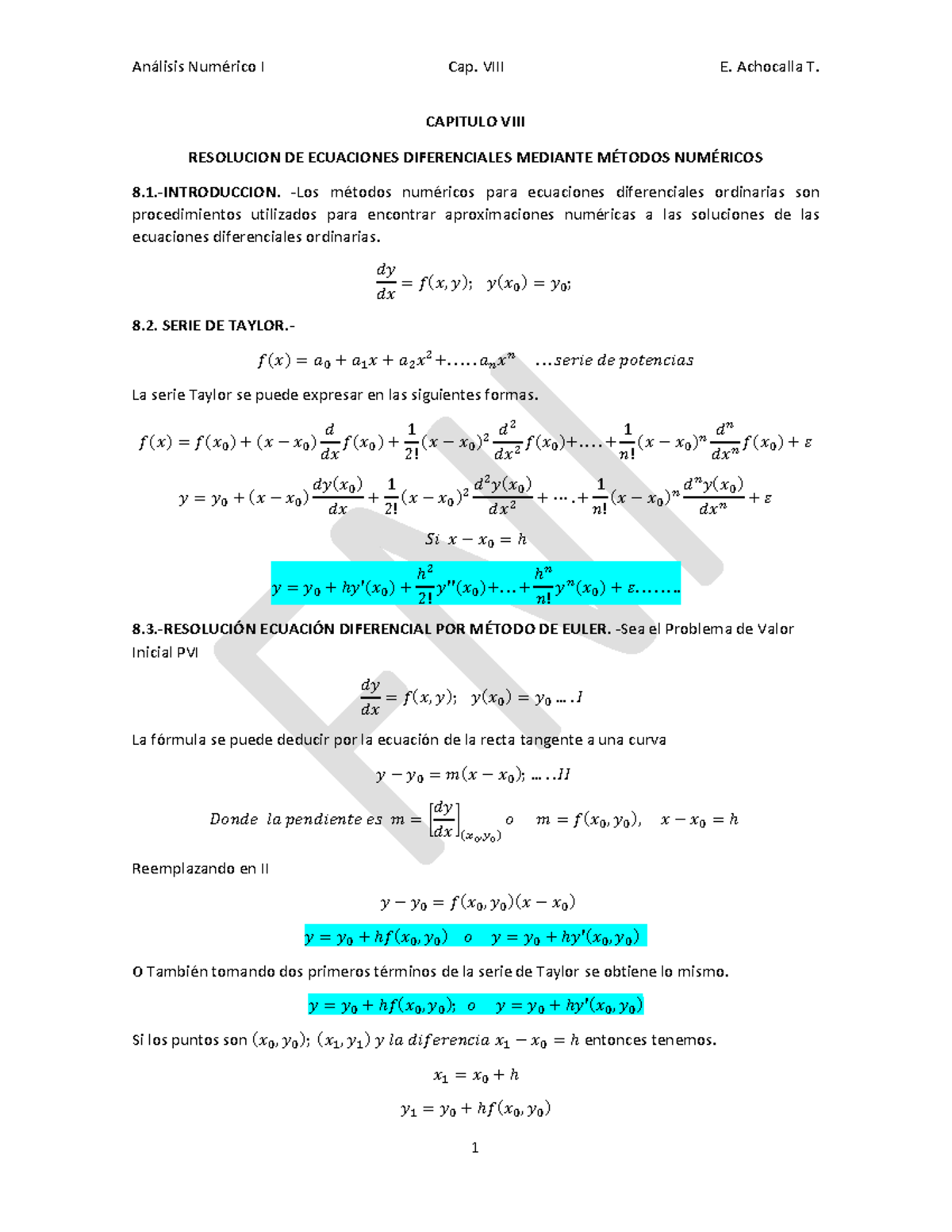 MAT 1207 G CAP VIII para universitarios - CAPITULO VIII RESOLUCION DE ECUACIONES DIFERENCIALES ...