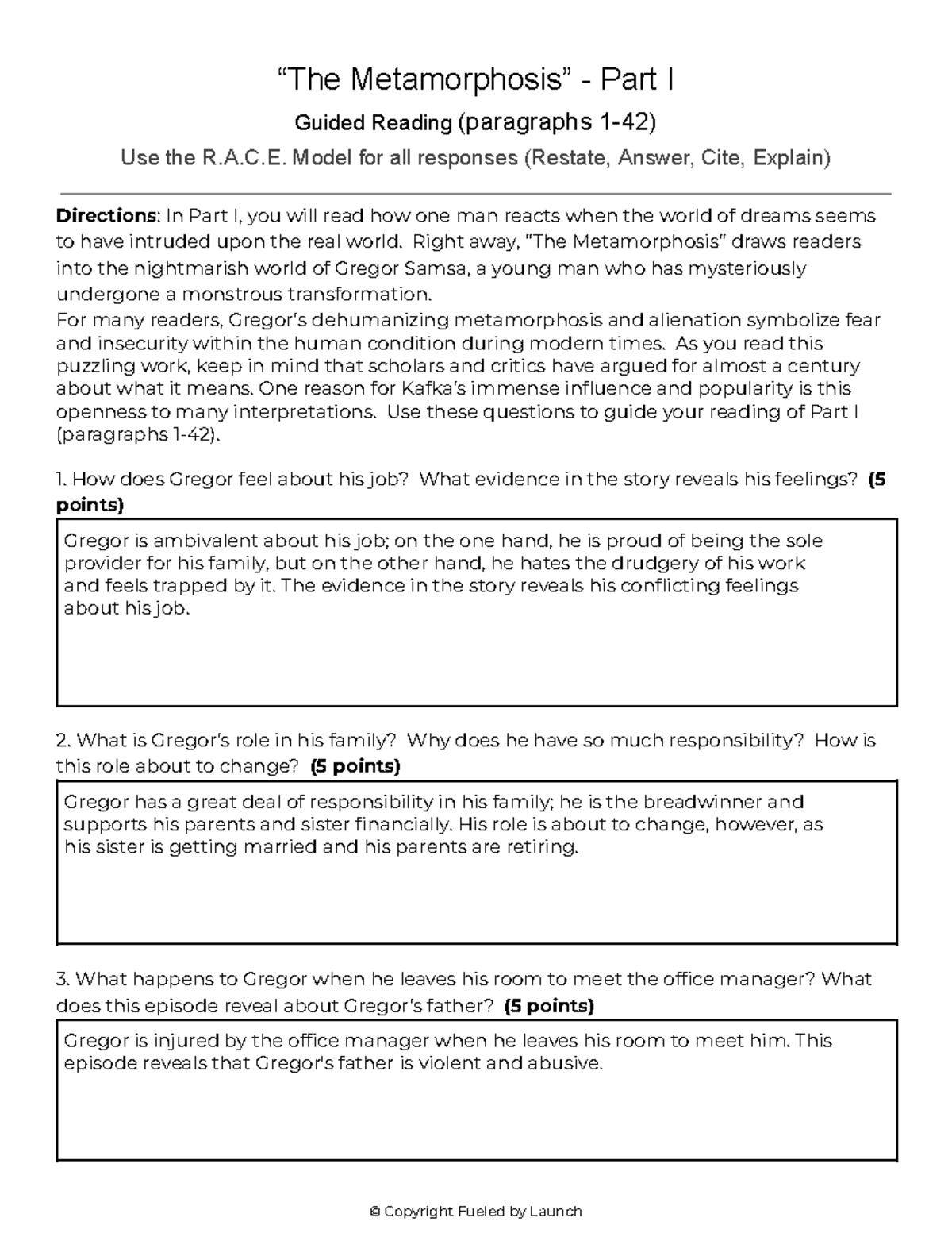 Copy of The Metamorphosis Part I - Guided Reading - “The Metamorphosis ...