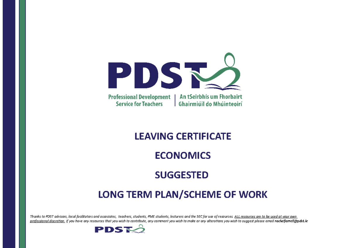 LC EC Scheme OF WORK RF - Summary ECONOMICS - Thanks to PDST advisors ...