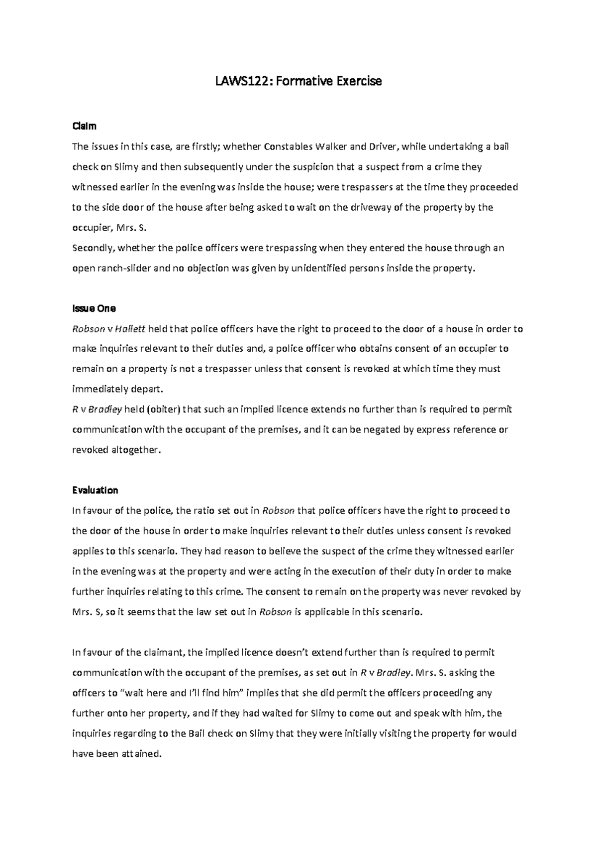 LAWS122 Formative Exercise - LAWS122: Formative Exercise Claim The ...