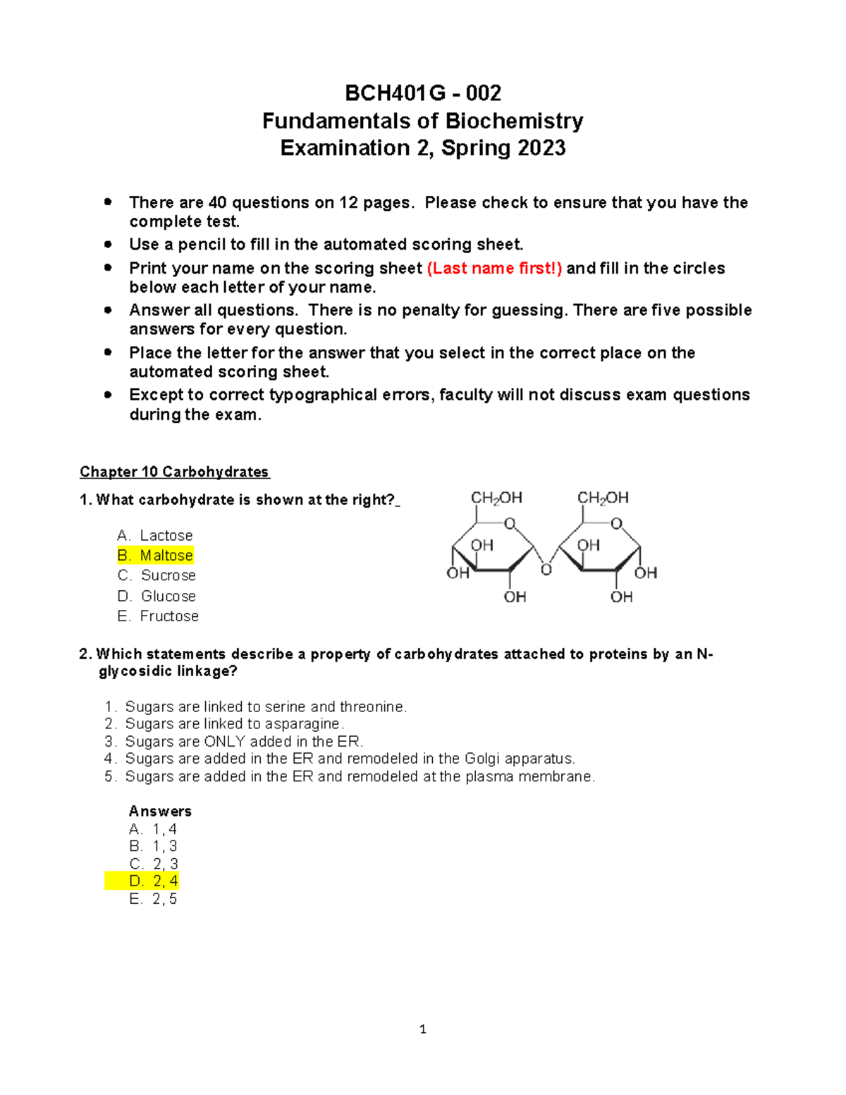 2nd exam and key 2023-MGF-HPS - BCH401G - 002 Fundamentals of ...